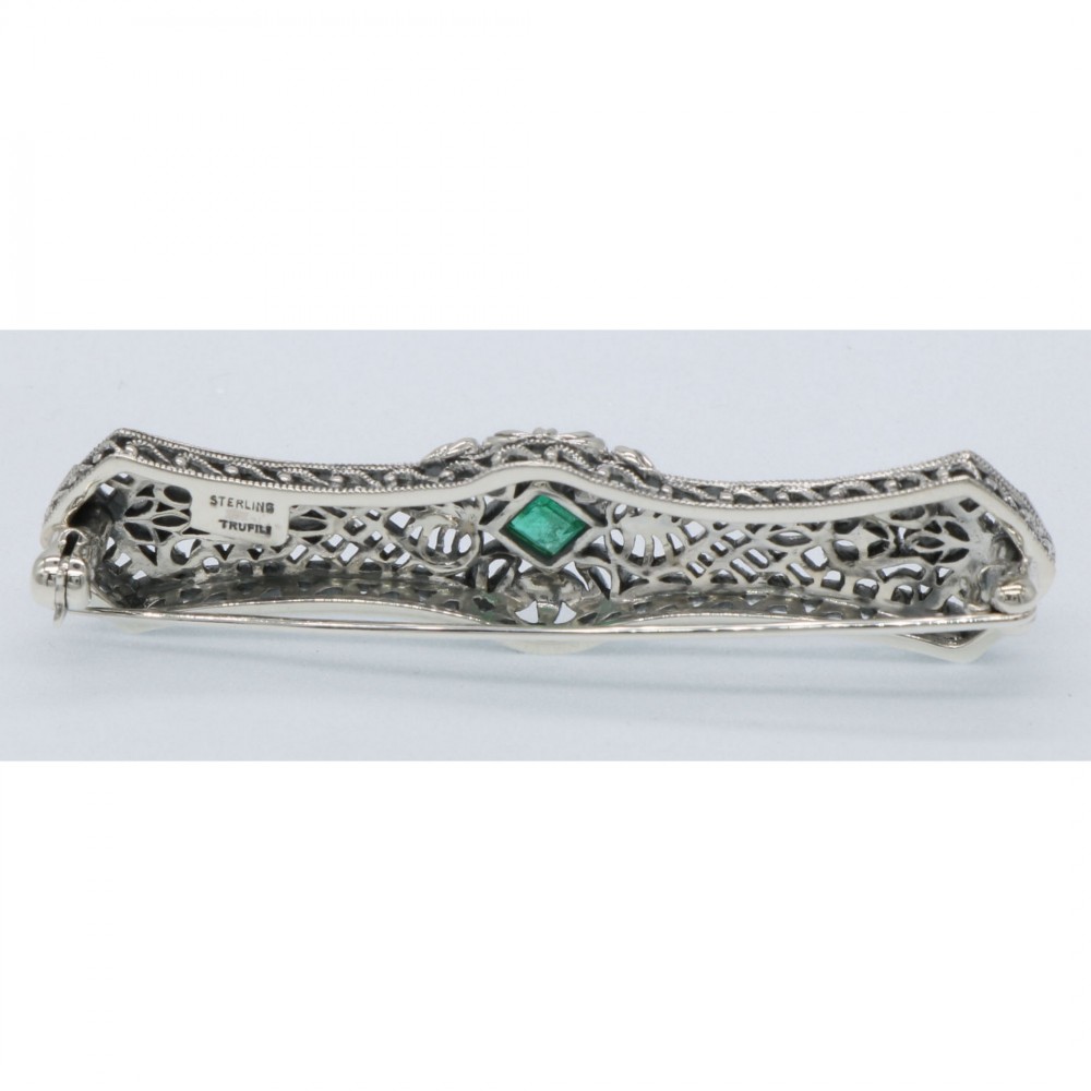 Art Deco Style Natural Emerald Filigree Bar Pin / Brooch - Sterling ...