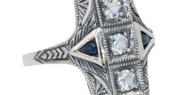 Art Deco Style Filigree Ring White Topaz Sapphire Accents Sterling ...