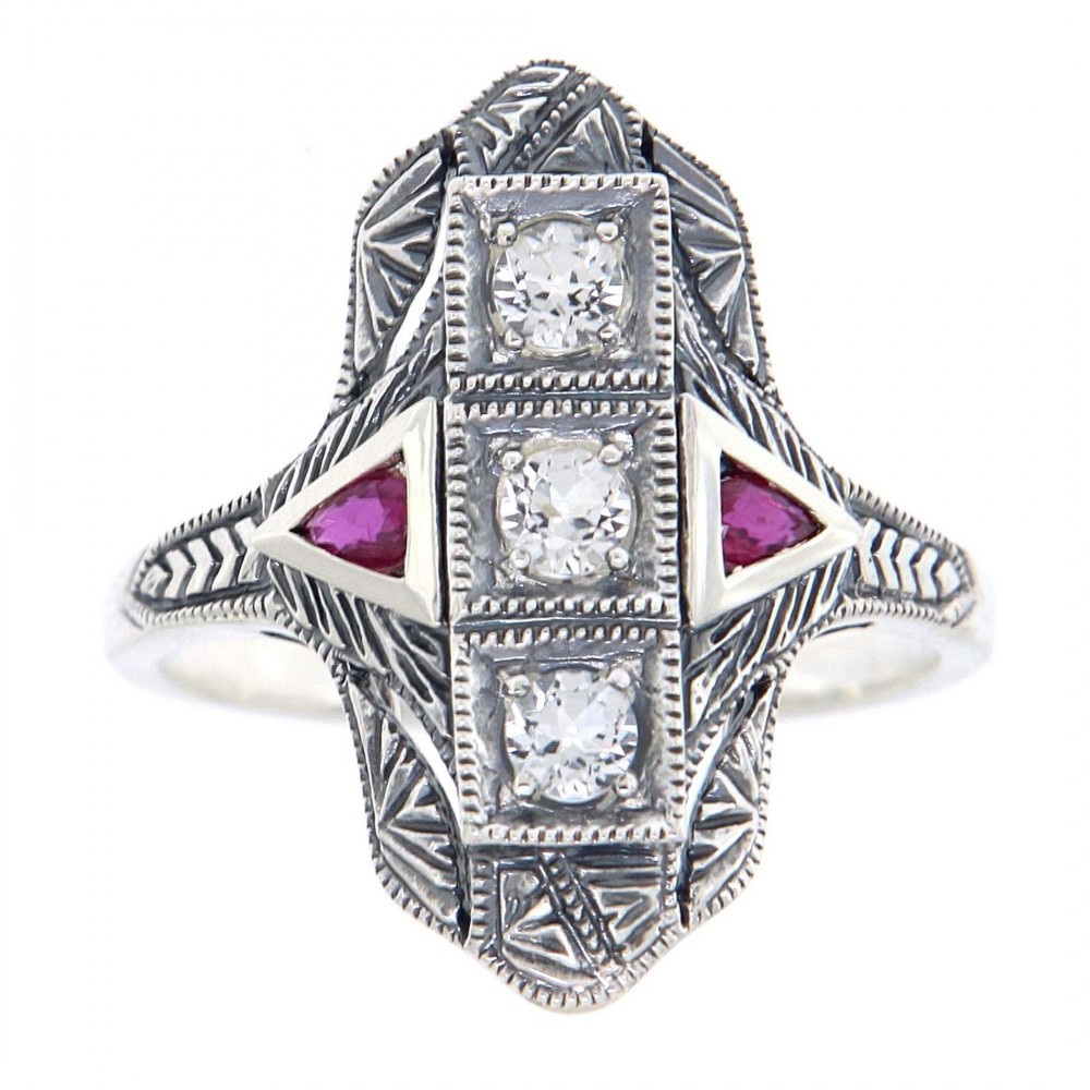 Art Deco Style Filigree Ring White Topaz with Ruby Accents Sterling ...