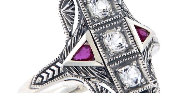 Art Deco Style Filigree Ring White Topaz with Ruby Accents Sterling ...