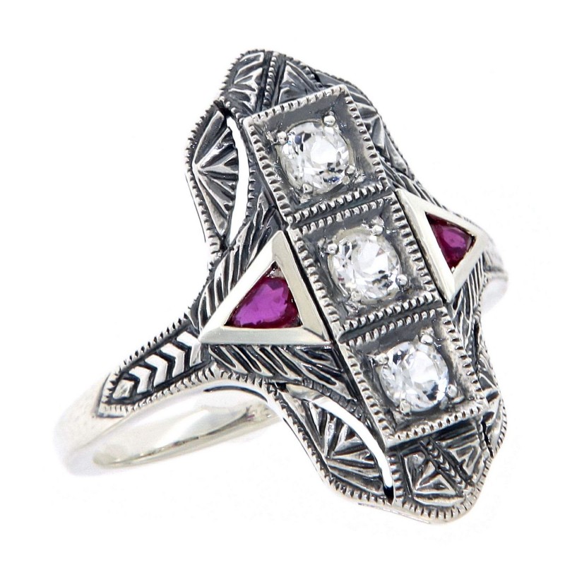 Art Deco Style Filigree Ring White Topaz with Ruby Accents Sterling ...
