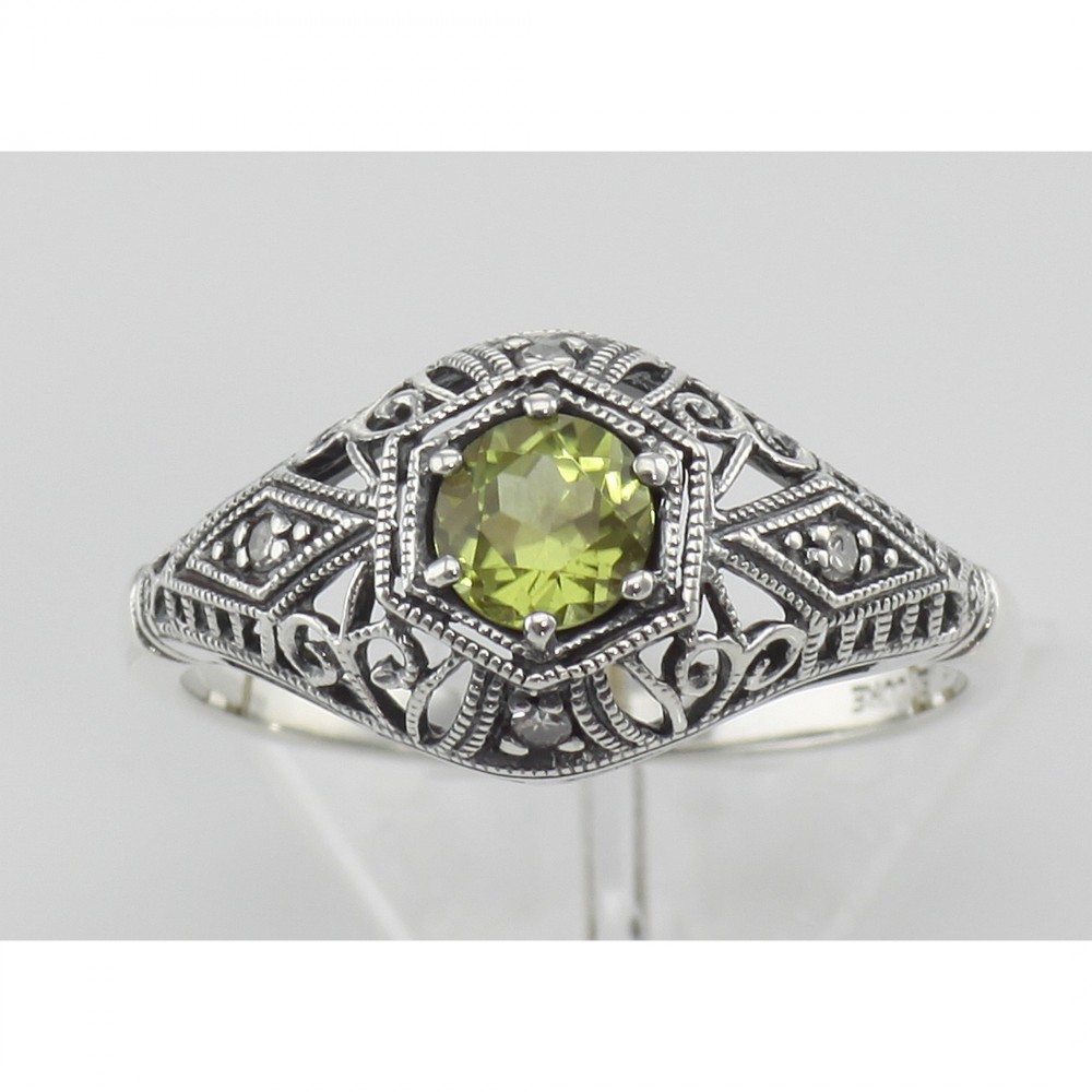 Art Deco Style Peridot Filigree Ring w/ 4 Diamonds - Sterling Silver ...