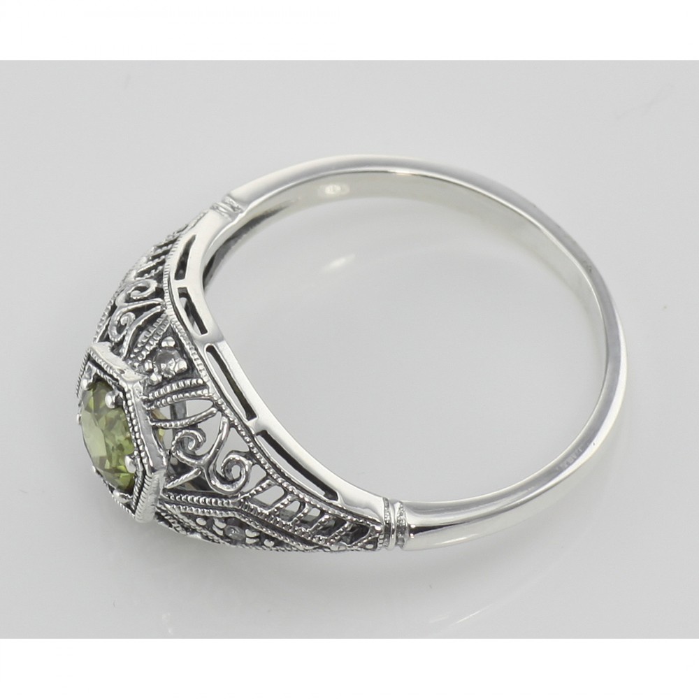 Art Deco Style Peridot Filigree Ring w/ 4 Diamonds - Sterling Silver ...