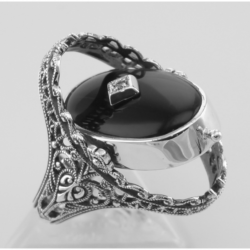 Antique Style Cameo / Onyx Filigree Flip Ring w / Diamond - Sterling ...