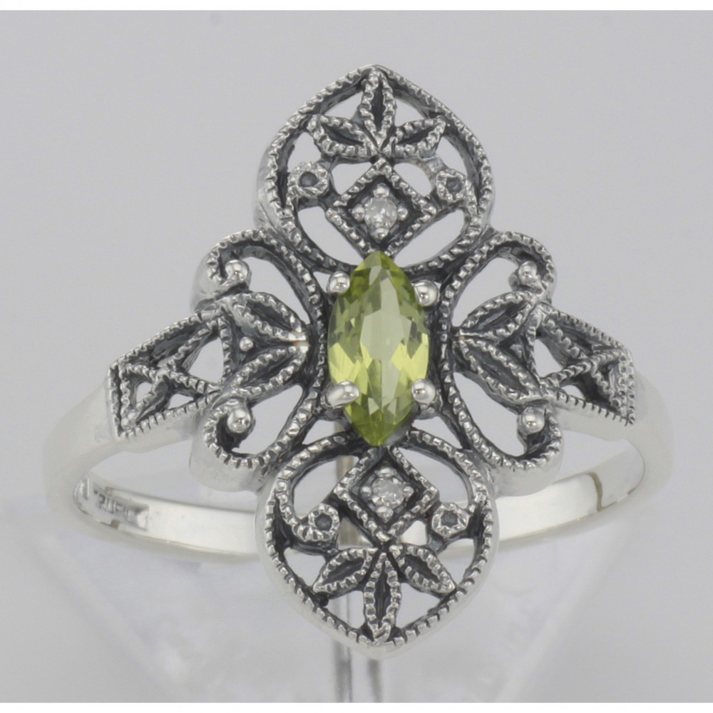 Victorian Style Peridot Filigree Ring with Two Diamonds - Sterling ...