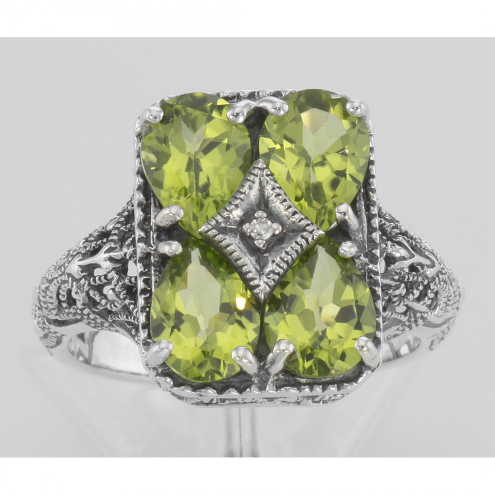 Four Stone Genuine Peridot and Diamond Filigree Ring - Sterling Silver ...