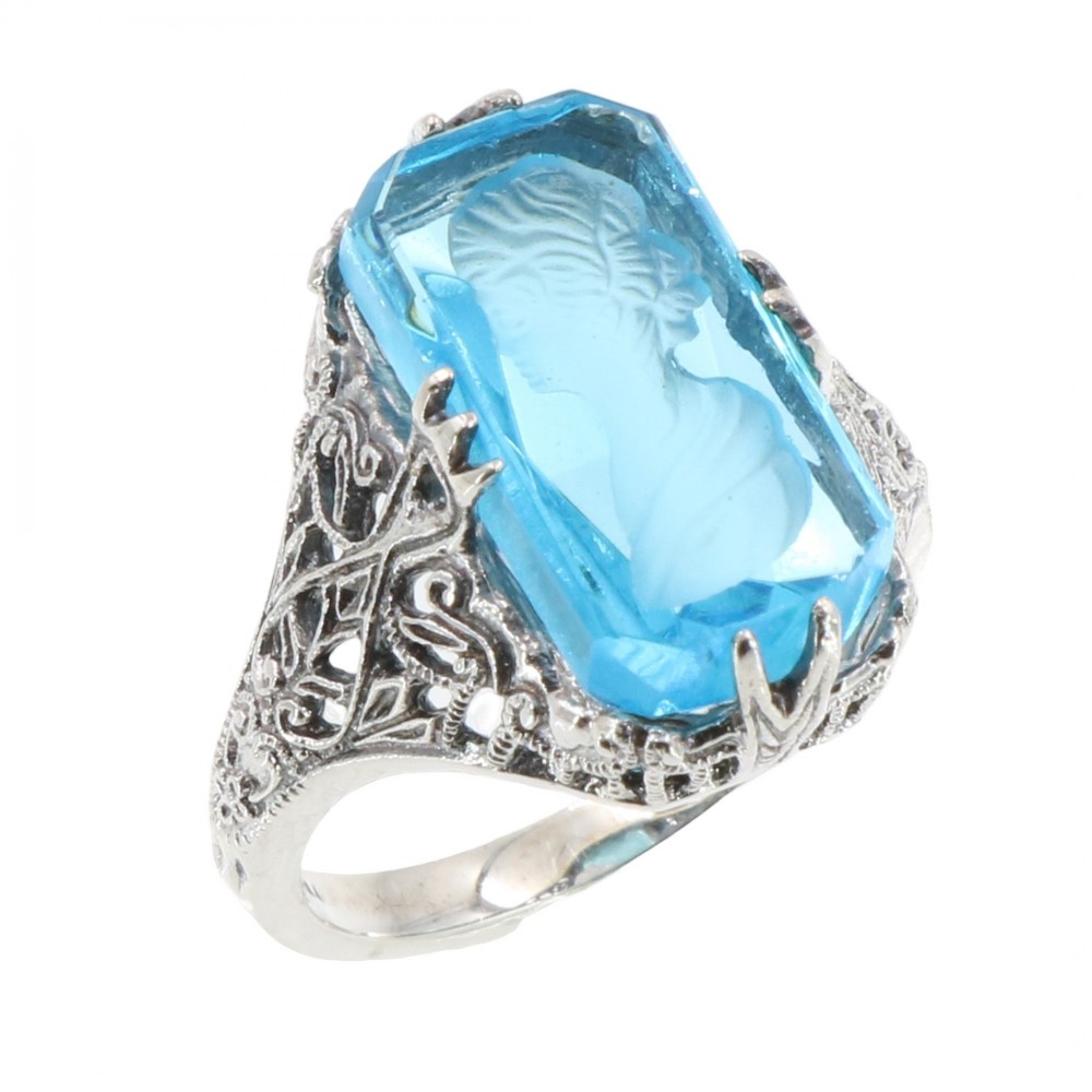 Roman Style Blue Colored Crystal Reverse Intaglio Filigree Ring ...