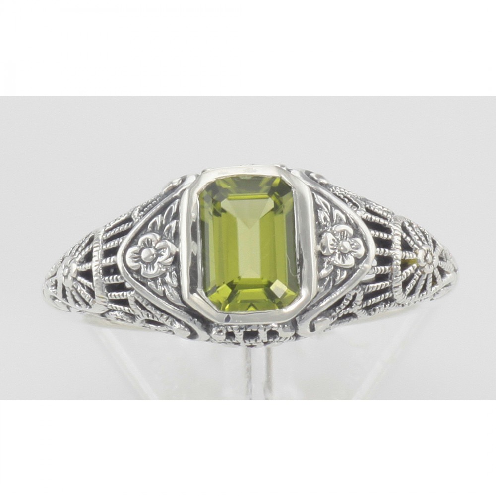 Victorian Style Peridot Filigree Ring with Floral Design - Sterling ...