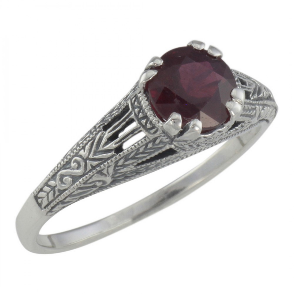 Antique Style Lab Red Ruby Filigree Solitaire Ring - Sterling Silver - FR-701-R