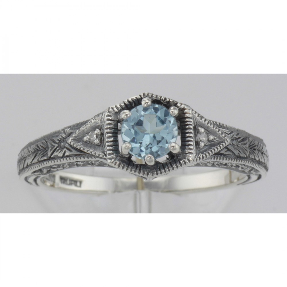 Victorian Style Blue Topaz Filigree Ring w/ 2 Diamonds - Sterling ...