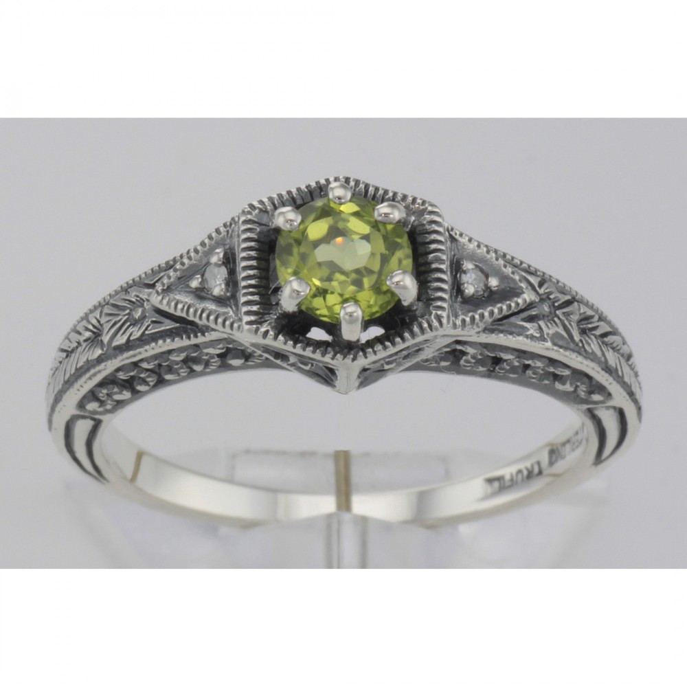Victorian Style Peridot Filigree Ring w/ 2 Diamonds - Sterling Silver ...