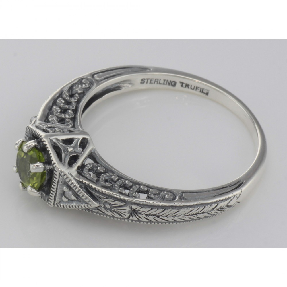 Victorian Style Peridot Filigree Ring w/ 2 Diamonds - Sterling Silver ...
