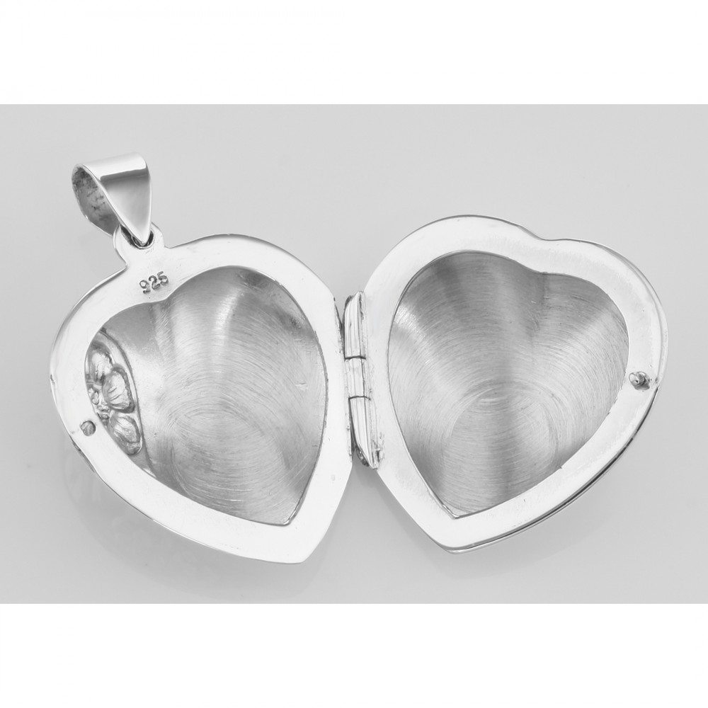 Antique Style Puffy Heart Locket Pendant - Flower Design - Sterling ...