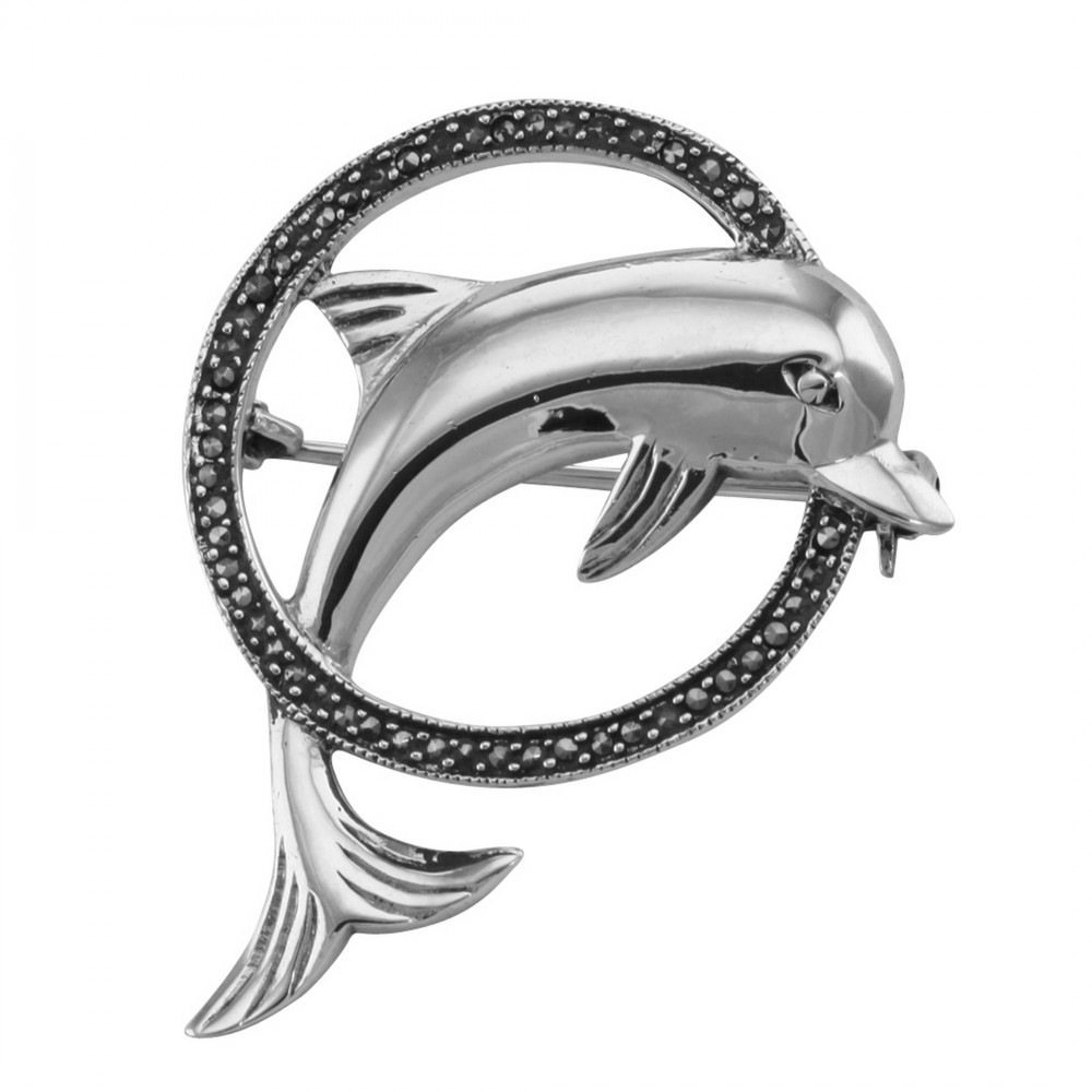 Sterling Silver Marcasite Dolphin Jumping through Hoop Pin or Brooch ...