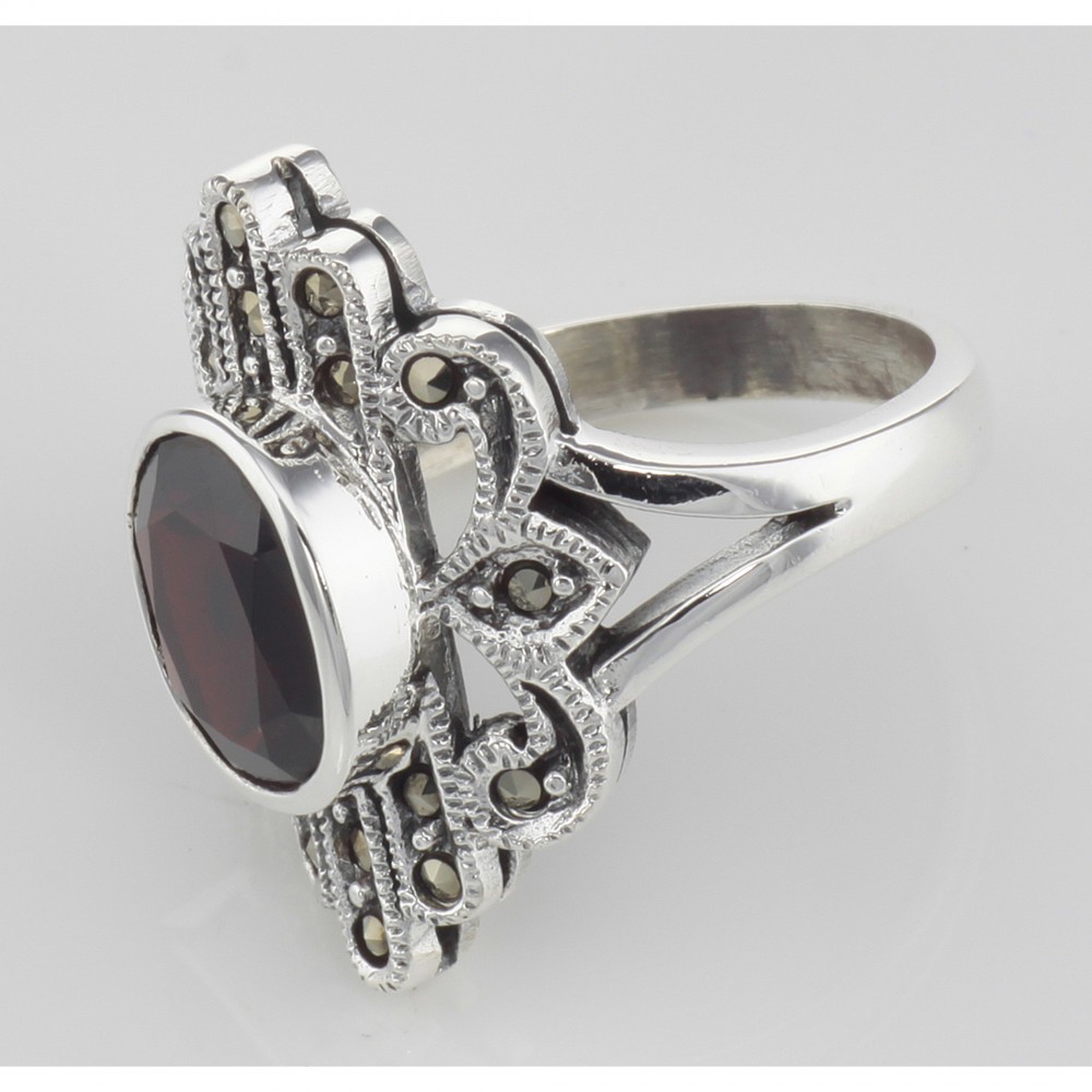 Antique Style Genuine Red Garnet and Marcasite Ring - Sterling Silver ...