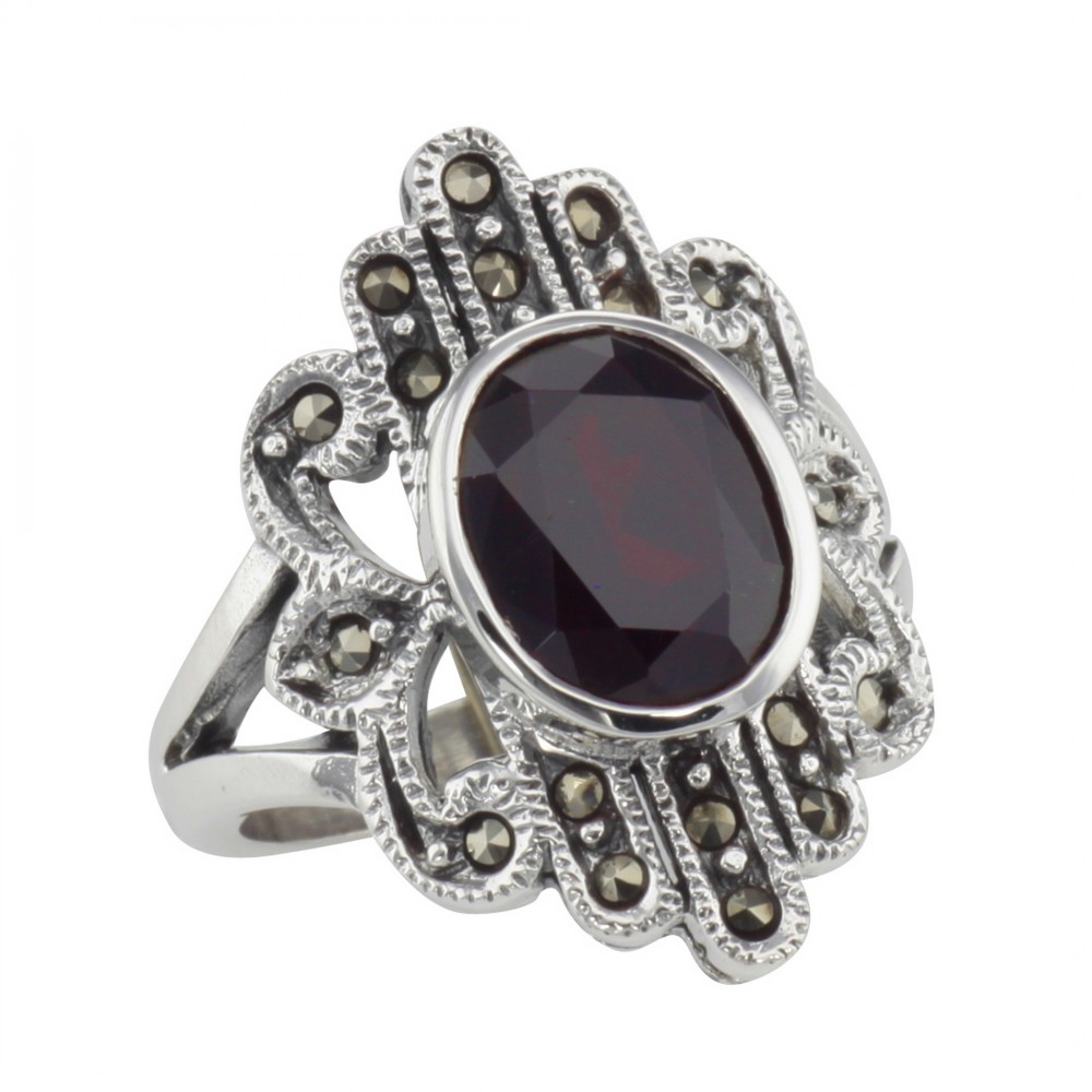 Antique Style Genuine Red Garnet and Marcasite Ring - Sterling Silver ...