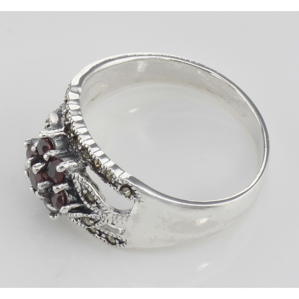 Floral Design Red Garnet Ring with Marcasite accents - Sterling Silver ...