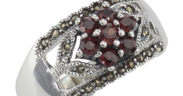 Floral Design Red Garnet Ring with Marcasite accents - Sterling Silver ...